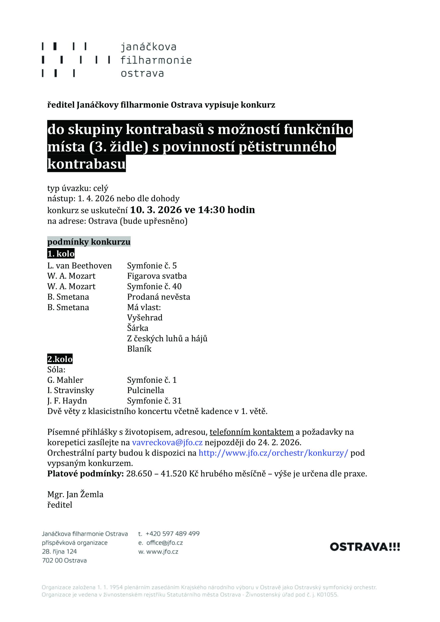 Janáčkova filharmonie Ostrava vypisuje konkurz do skupiny kontrabasů